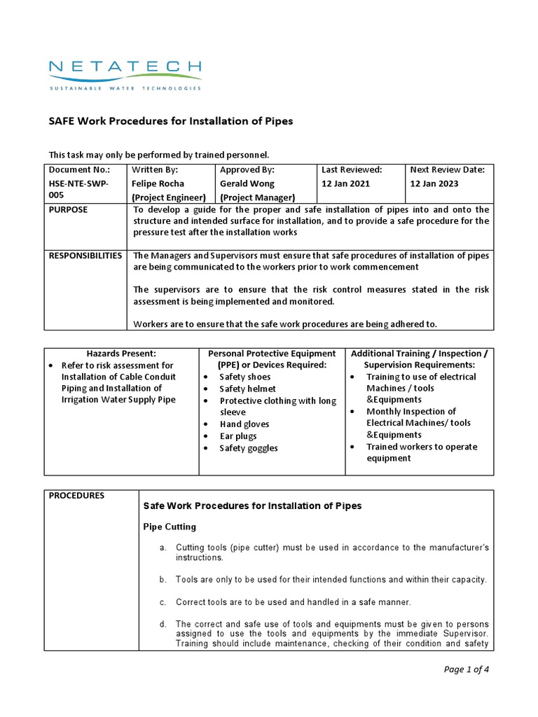 SWP 05 - Installation of Pipes | PDF | Personal Protective Equipment ...