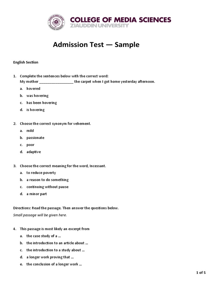 Sample Admission Test with Sections on English, General Knowledge ...