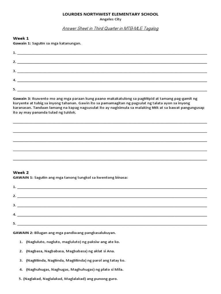 MTB Answer Sheet Third Quarter Answer Sheet Tag | PDF