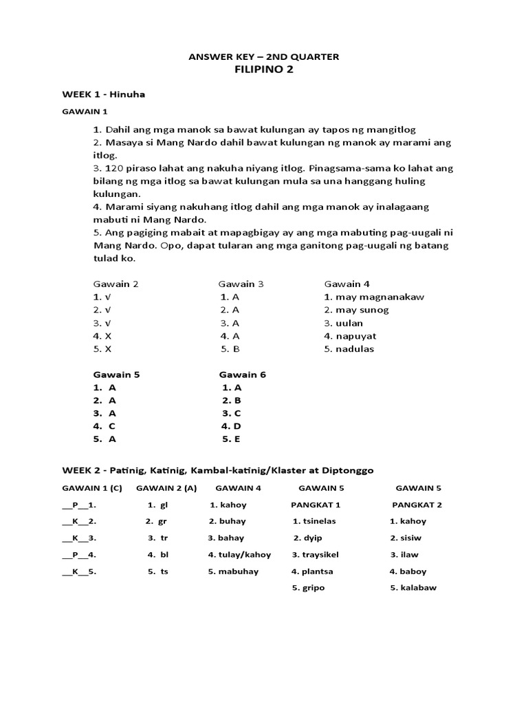 Filipino Q2 Answer Key | PDF