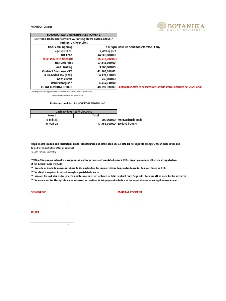 Botanika T1 Unit 8I (2BR Premiere) | PDF | Value Added Tax | Fee