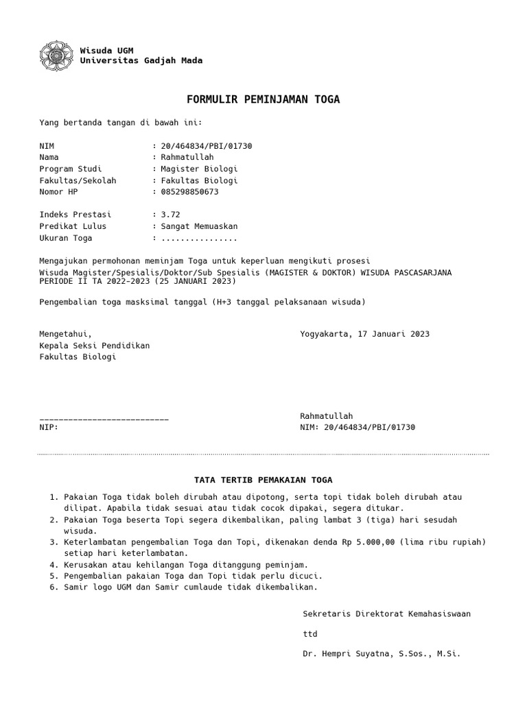 Formulir Peminjaman Toga | PDF