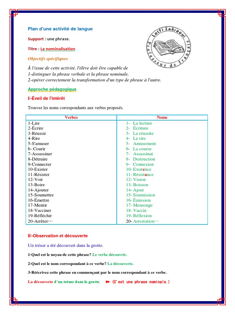 La Nominalisation | PDF | Phrase | Verbe