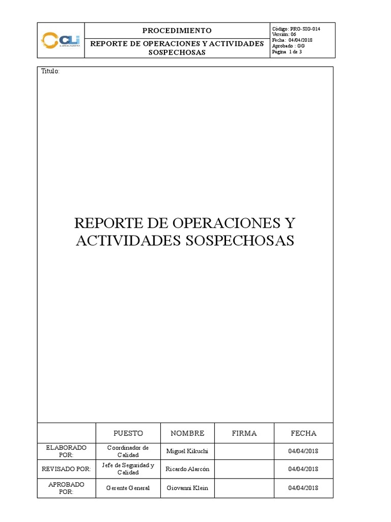 Reporte de Operaciones y Actividades Sospechosas PRO SIG 014 V06 | PDF