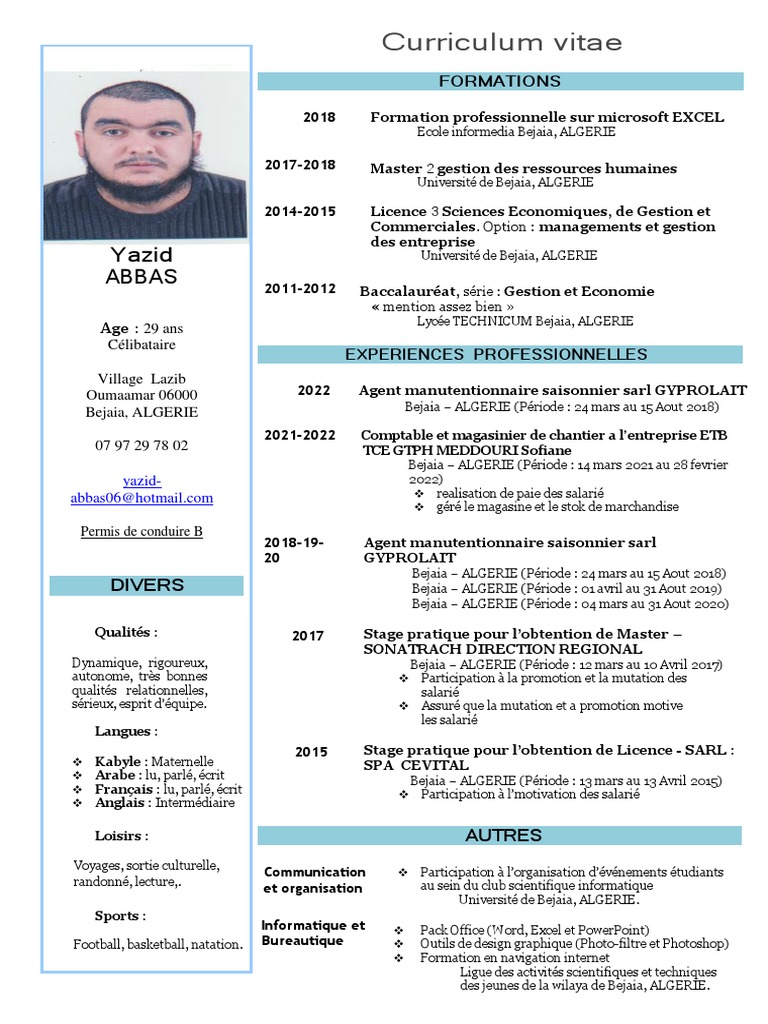 CV de Yazid Abbas : Formations et Expériences | PDF | Algérie