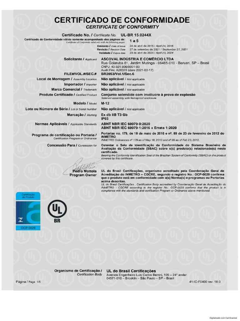 Certificados Ul BR 15 0244x Conjunto Solenóide Com Invólucro À Prova de Explosao Asco PT BR ...