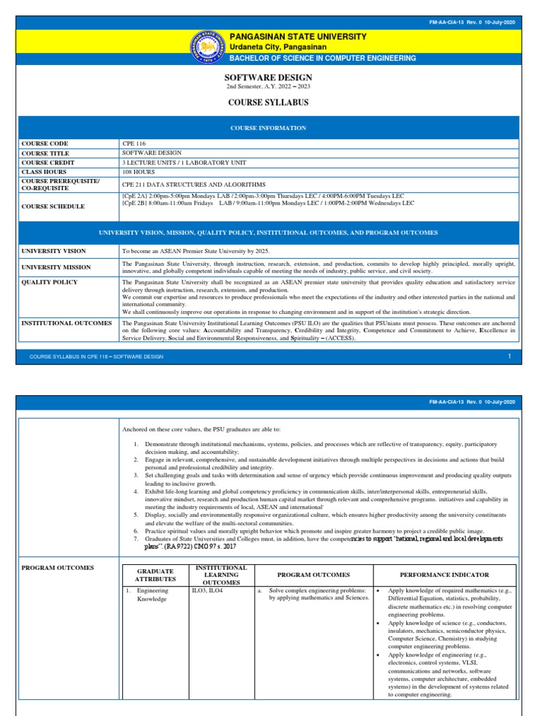 CPE 116 Software Design - Course Syllabus | PDF | Engineering ... CPE 116 Software Design - Course Syllabus | PDF | Engineering ...