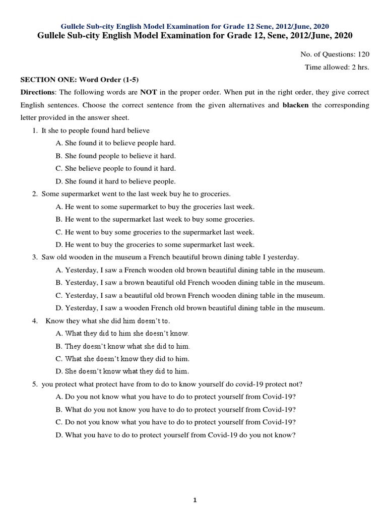 Grade 12 English Model Exam 2020 | PDF | Fly | Mosquito