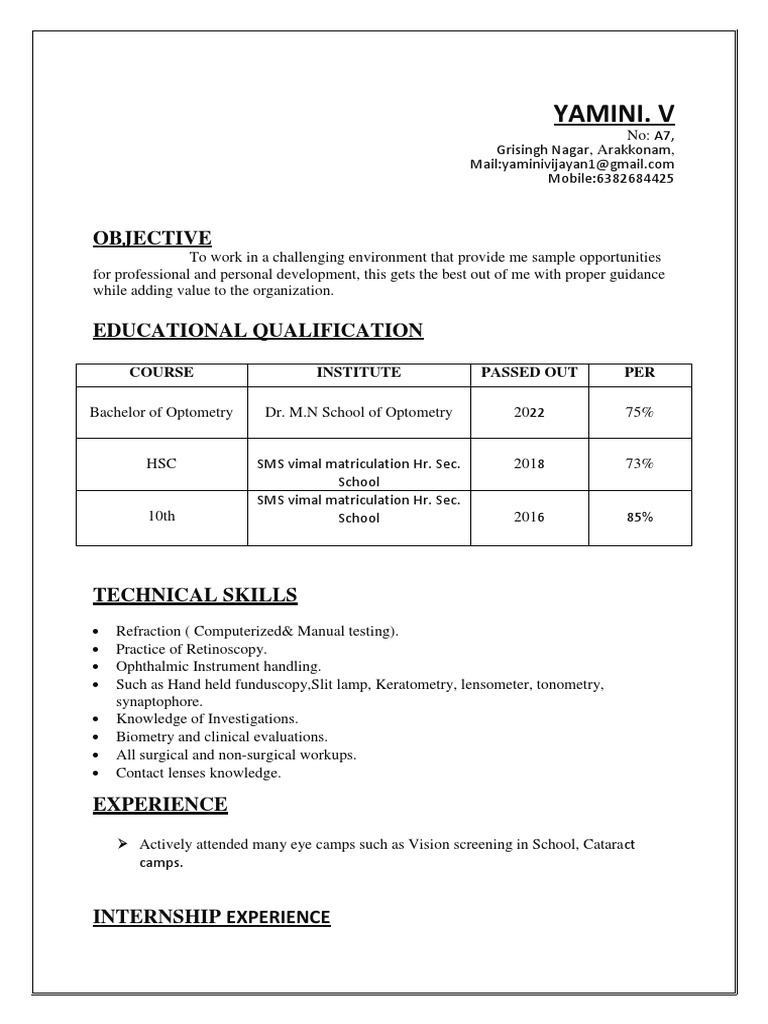 Optometry Graduate Resume - Yamini V. | PDF | Optometry | Human Eye