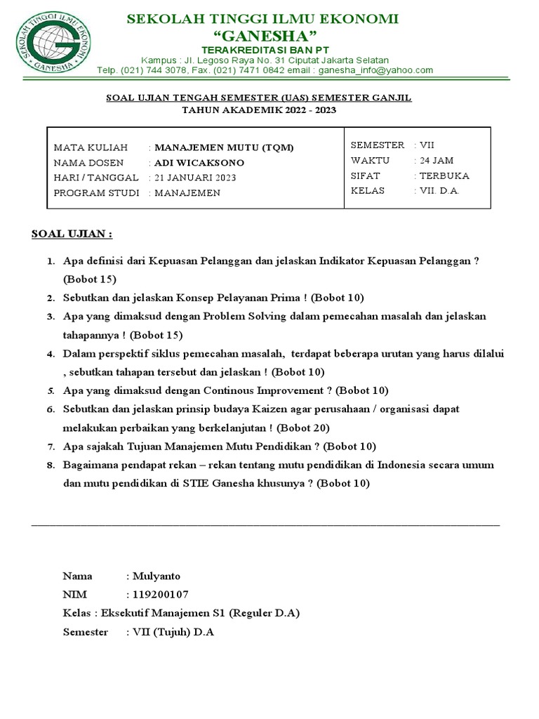 119200107-UAS Manajemen Mutu - Mulyanto | PDF