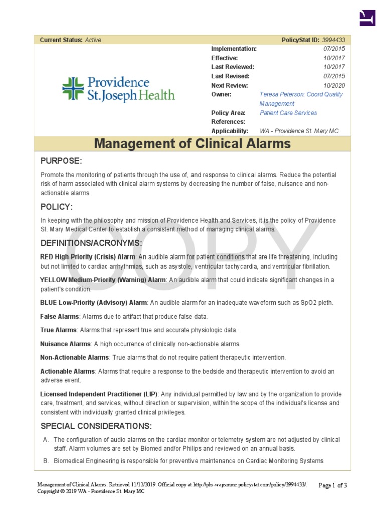 Management of Clinical Alarms | PDF | Biomedical Engineering | Medical ...