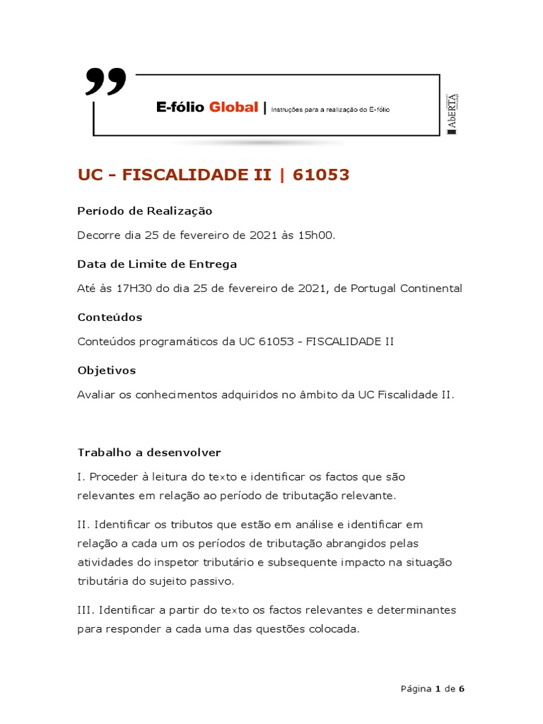 E-Fólio Global EN 2020-21 - Enunciado | PDF | Imposto sobre Valor Agregado (IVA) | Impostos