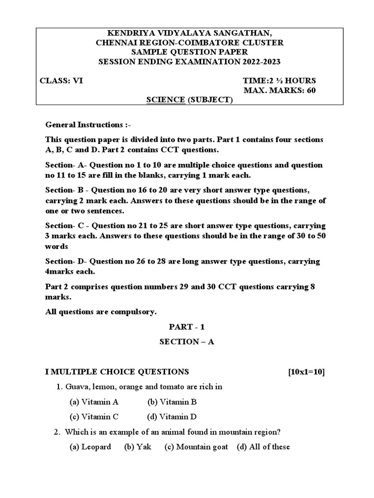 VI - Science Sample Question Paper-2 | PDF | Shadow | Atmosphere Of Earth