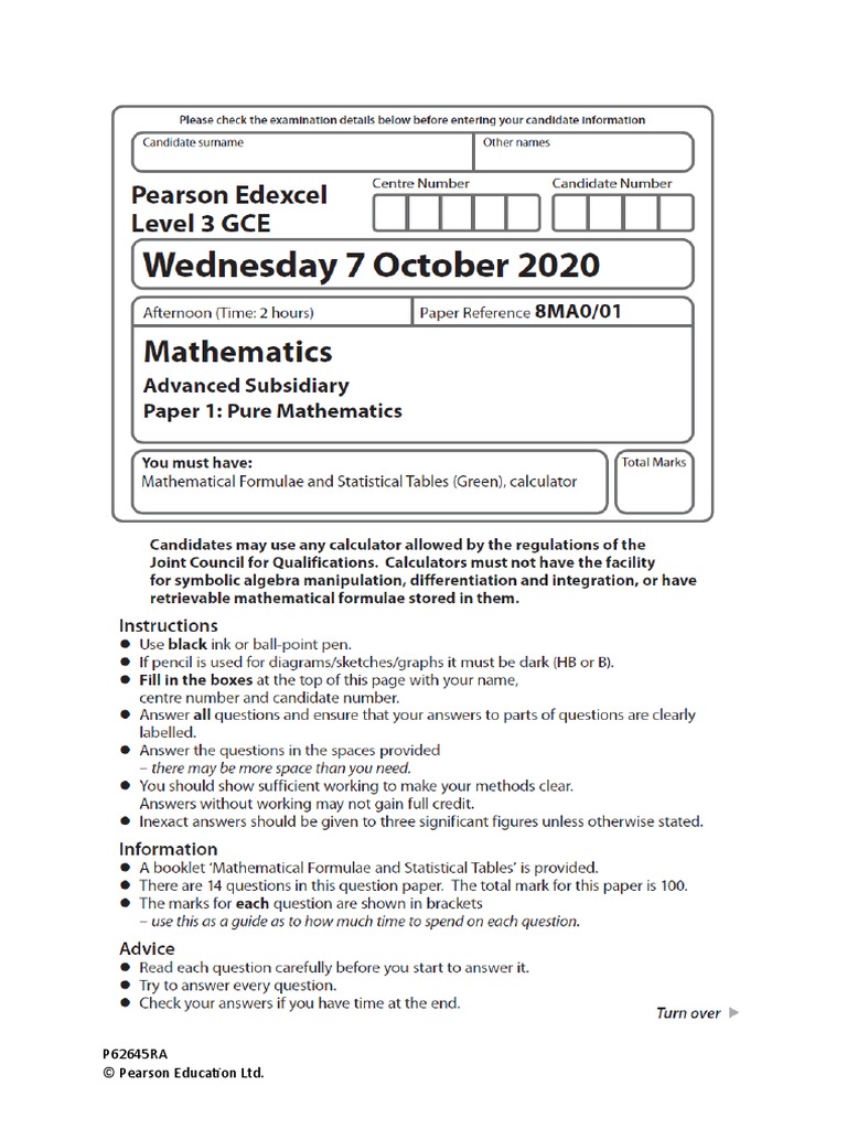 2010 8MA0-01 AS Pure Mathematics - October 2020 (Word) | PDF | Equations | Algebra