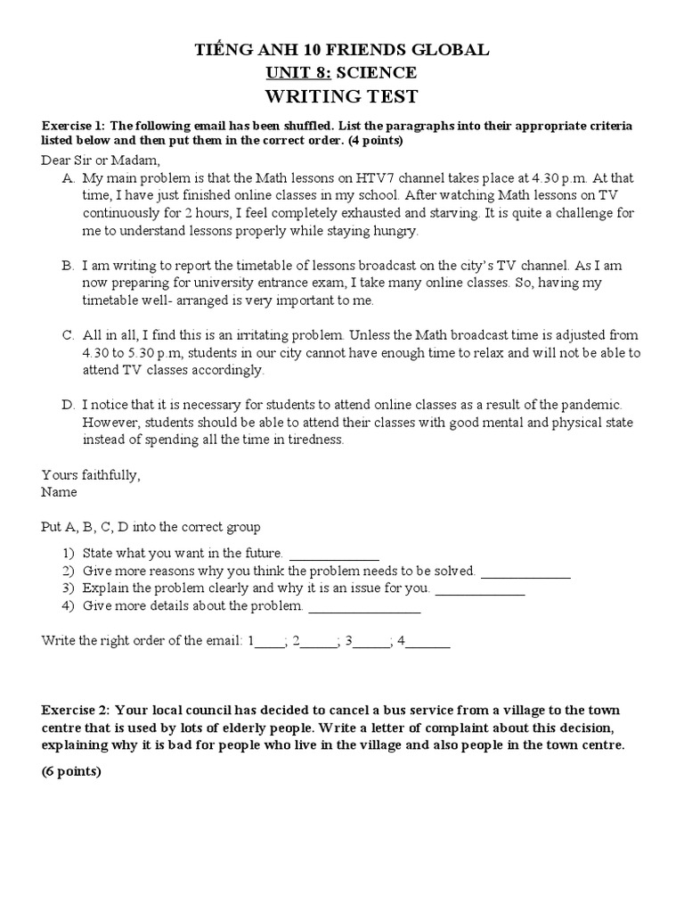 Friends Global 10 - Unit 8 - Writing Test Xong | PDF