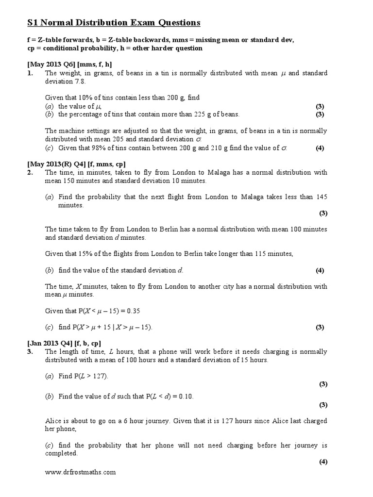 S1 Chp9 NormalDistributionExamQuestions | PDF | Standard Deviation | Normal Distribution