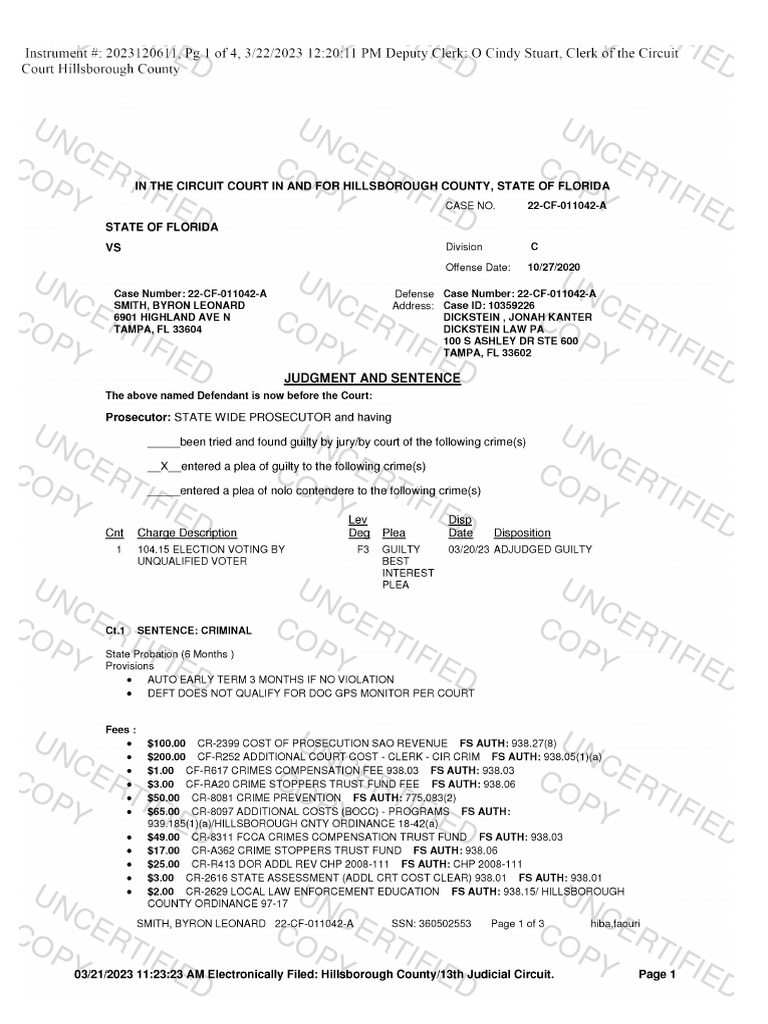 Byron Leonard Smith Judgment and Sentence | PDF