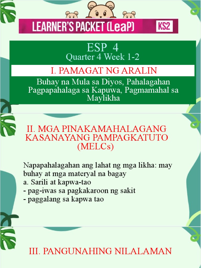 ESP 4 Quarter 4 Week 1-2 Buhay Na Mula Sa Diyos, Pahalagahan Pagpapahalaga Sa Kapuwa, Pagmamahal ...