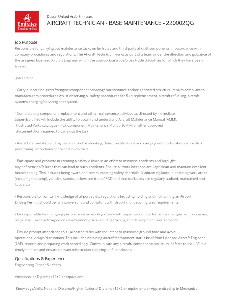 Emirates Group Careers - AIRCRAFT TECHNICIAN - BASE MAINTENANCE | PDF ...