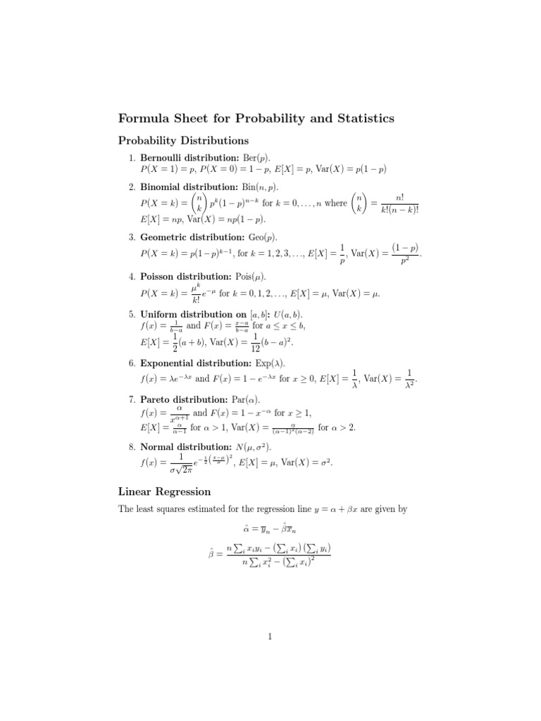 Formula Sheet For P&S-2 | PDF | Probability | Measure Theory