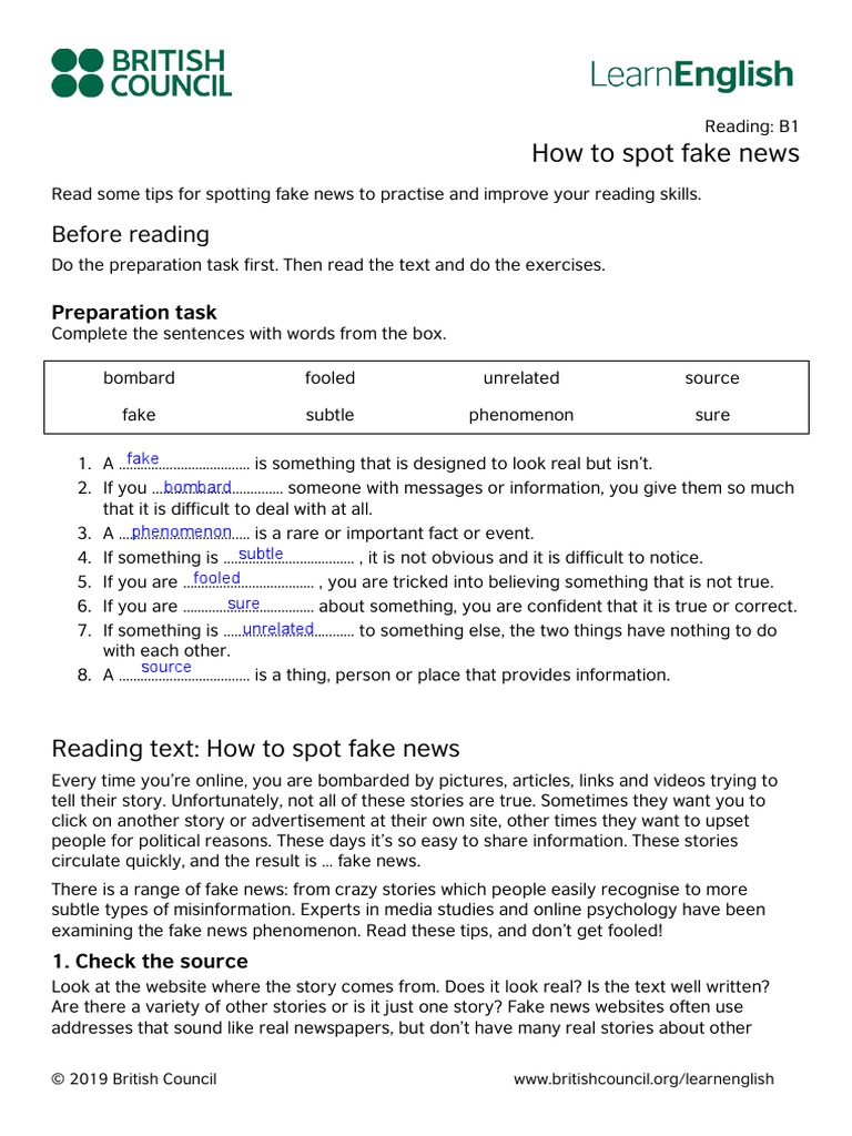 BC - LearnEnglish-Reading-B1-How-to-spot-fake-news (ANSWERED) | PDF ...
