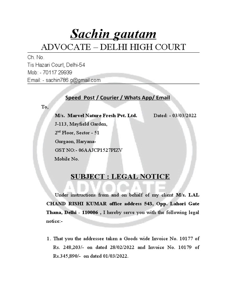 Notice of Pending Payment and Threat of Legal Action for Unpaid ...