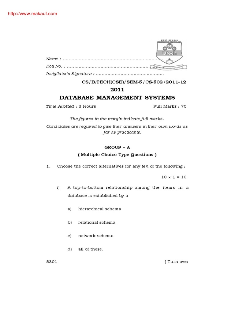 Database Management Systems: CS/B.TECH (CSE) /SEM-5/CS-502/2011-12 | PDF | Relational Model ...