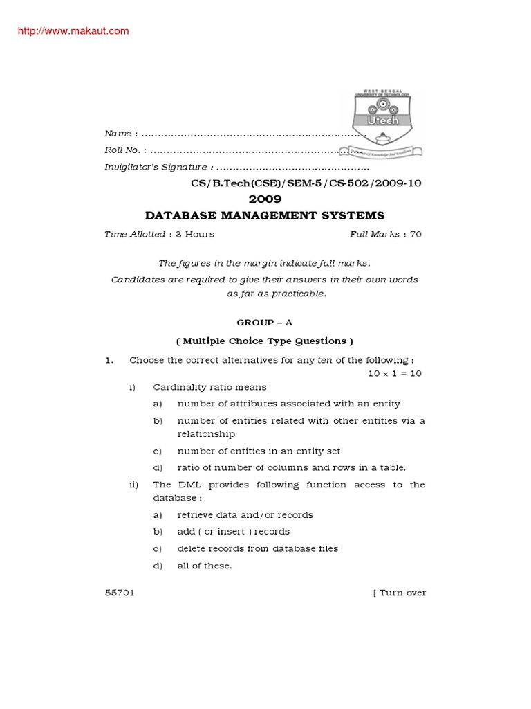 Btech Cse 5 Sem Database Management Systems 2009 | Download Free PDF | Databases | Relational ...