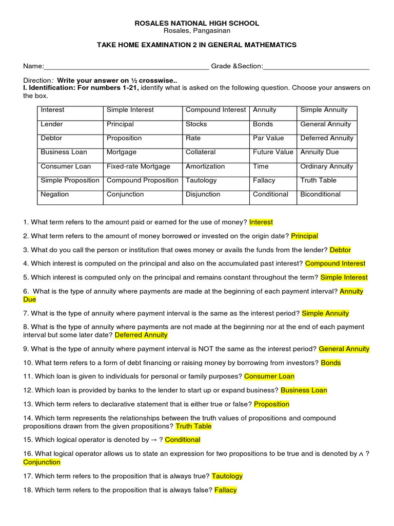 Take Home 2 Genmath Answer Key PDF | PDF