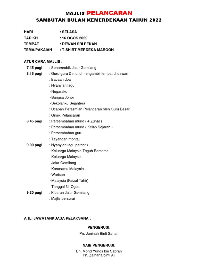 Senarai Ajk & Atur Cara Sambutan Bulan Kemerdekaan 2022 | PDF Senarai Ajk & Atur Cara Sambutan Bulan Kemerdekaan 2022 | PDF