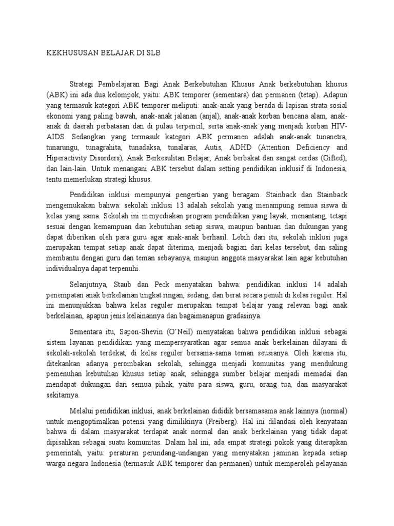 Kekhususan Belajar Di SLB | PDF