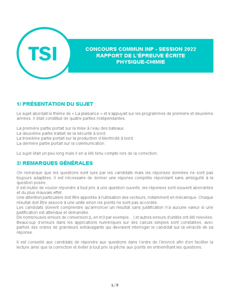 Rapport Ecrit 2022 Physique-Chimie PDF | PDF | Masse | Pression