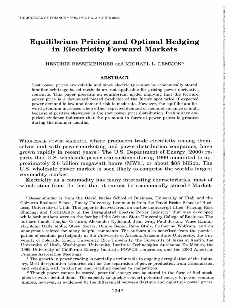 The Journal of Finance - 2002 - Bessembinder - Equilibrium Pricing and Optimal Hedging in ...