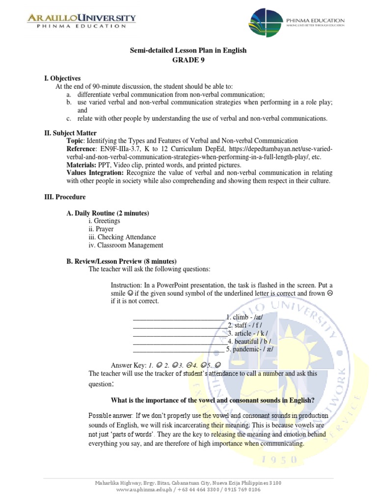 Semi-Detailed Lesson Plan (Verbal and Nonverbal Communication | PDF ...