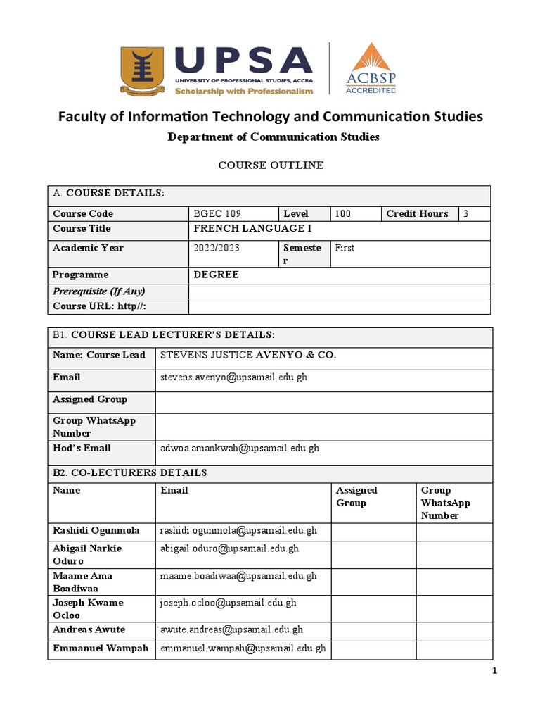 Revised - 2022-2023 - French - Language, BGEC 109-Detailed Course ...
