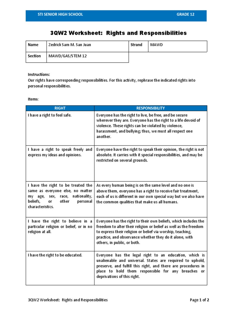 G123QW2 Worksheet - Rights and Responsibilities | PDF | Rights ...