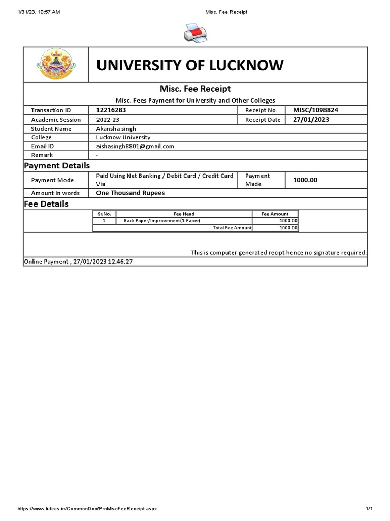 Misc. Fee Receipt | PDF