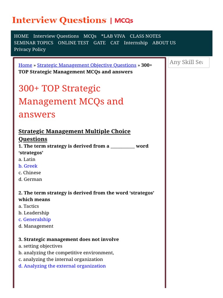 300+ TOP Strategic Management MCQs and Answers 2021 - 1630772242060 | PDF | Business