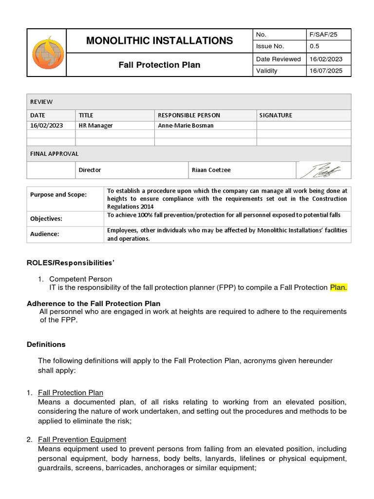 Fall Protection Plan Overview | PDF | Occupational Safety And Health | Risk