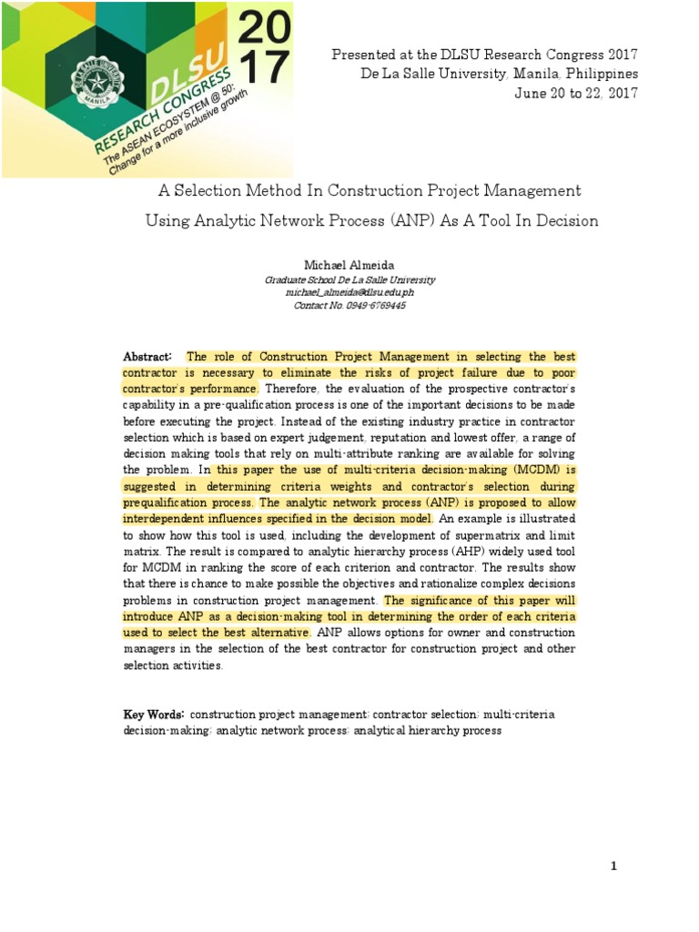 Analyzing Contractor Selection in Construction Project Management Using the Analytic Network ...