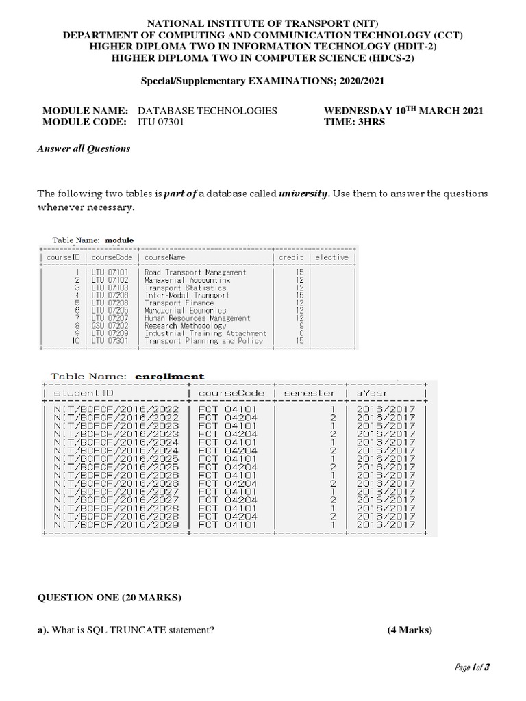 Database Exam for IT Students | PDF | Table (Database) | Sql