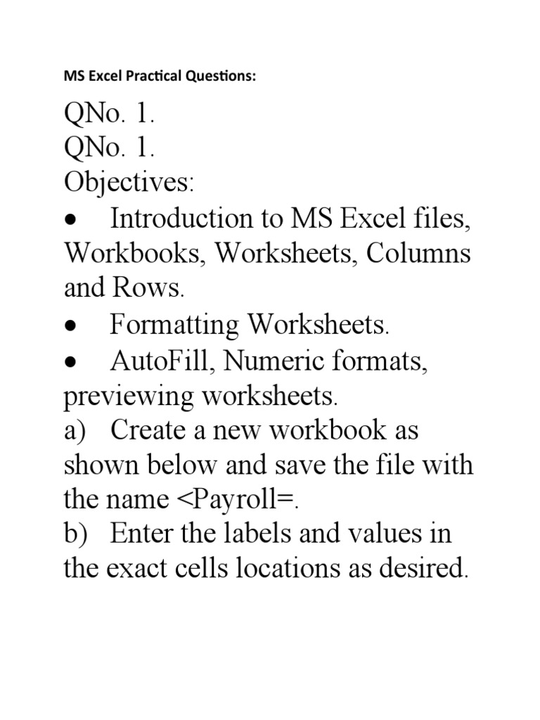 Ms Excel Practical Questions Pdf Worksheet Microsoft Excel