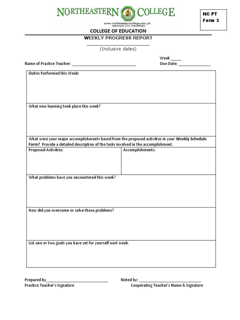 PT Form Weekly Progress Report | PDF | Cognition | Learning