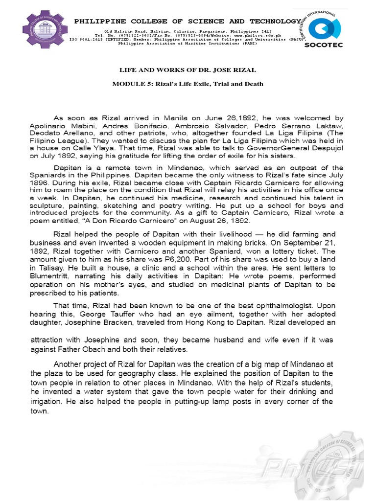 MODULE 5 - Rizal's Life Exile, Trial and Death | PDF