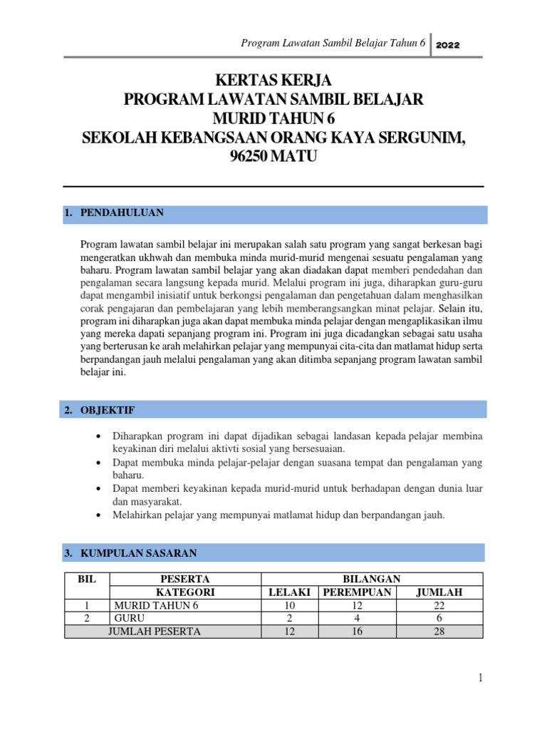 Kertas Kerja Lawatan Tahun 6 2022 (Kuching) | PDF