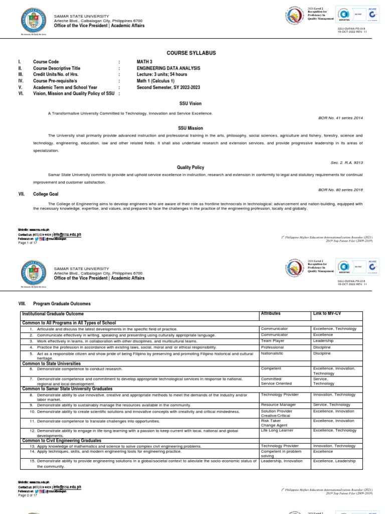 MATH 3 Engineering Data Analysis PDF | PDF | Probability Distribution | Analysis Of Variance