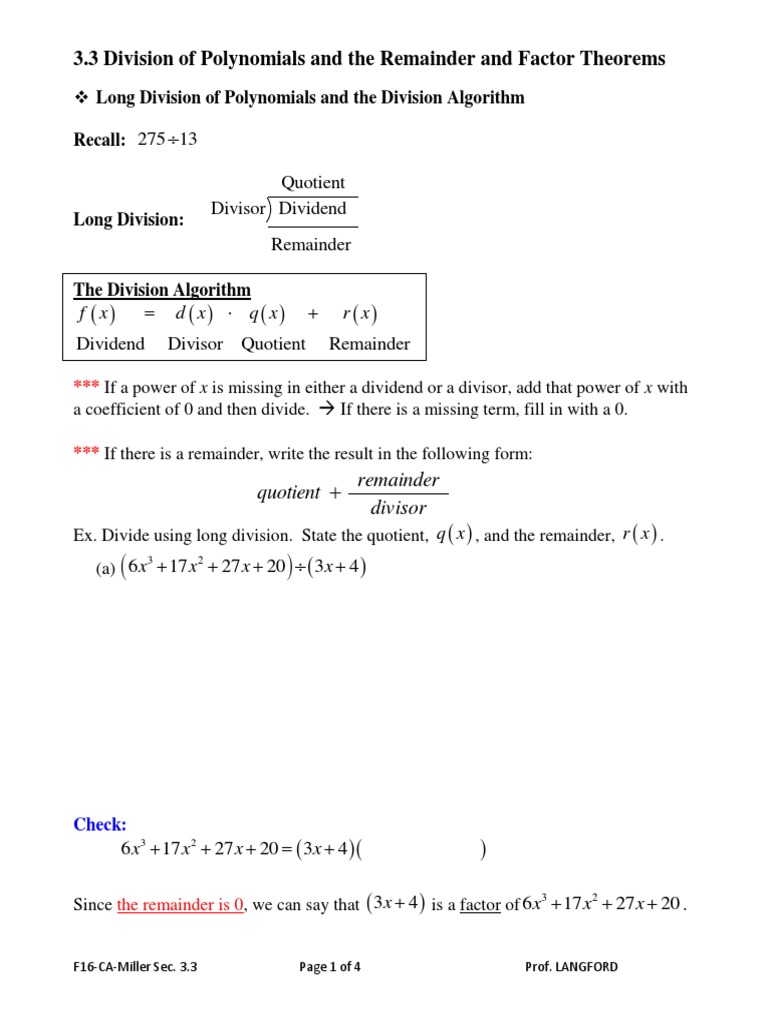 Polynomial Division and Remainder Theorems | PDF | Factorization ...