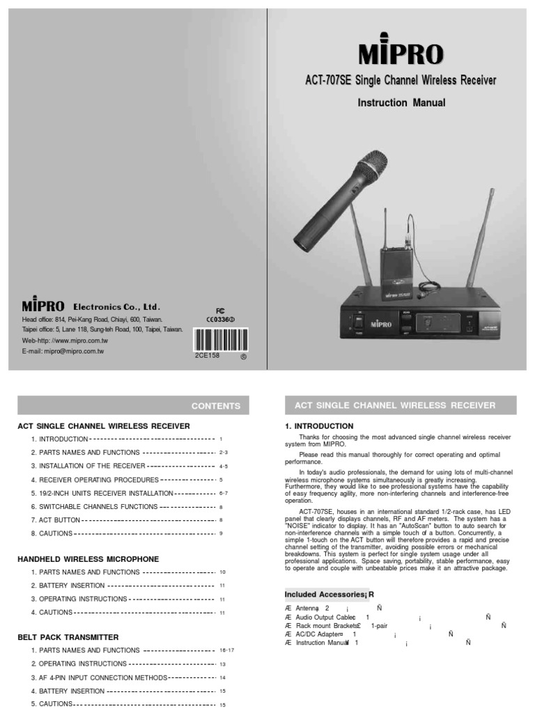 ACT-707SE Wireless Microphone Manual | PDF | Microphone | Amplifier