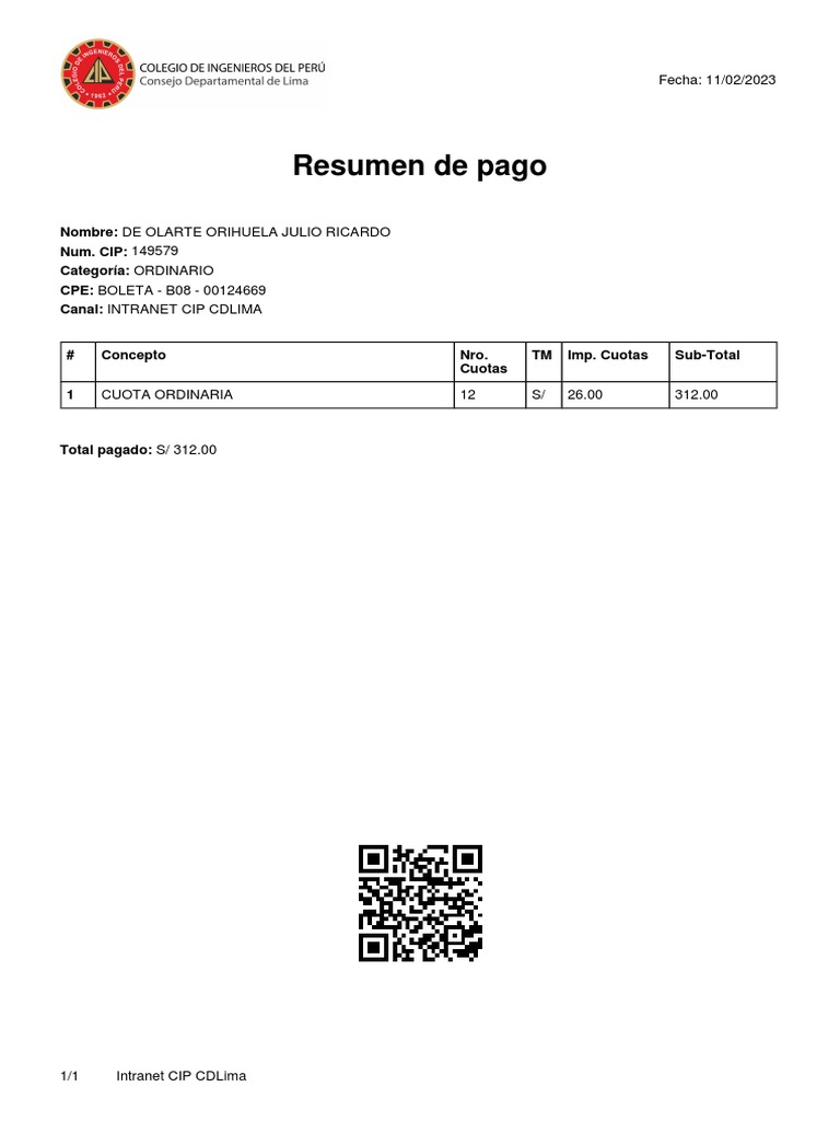 Resumen de Pago CIP CDLima | PDF