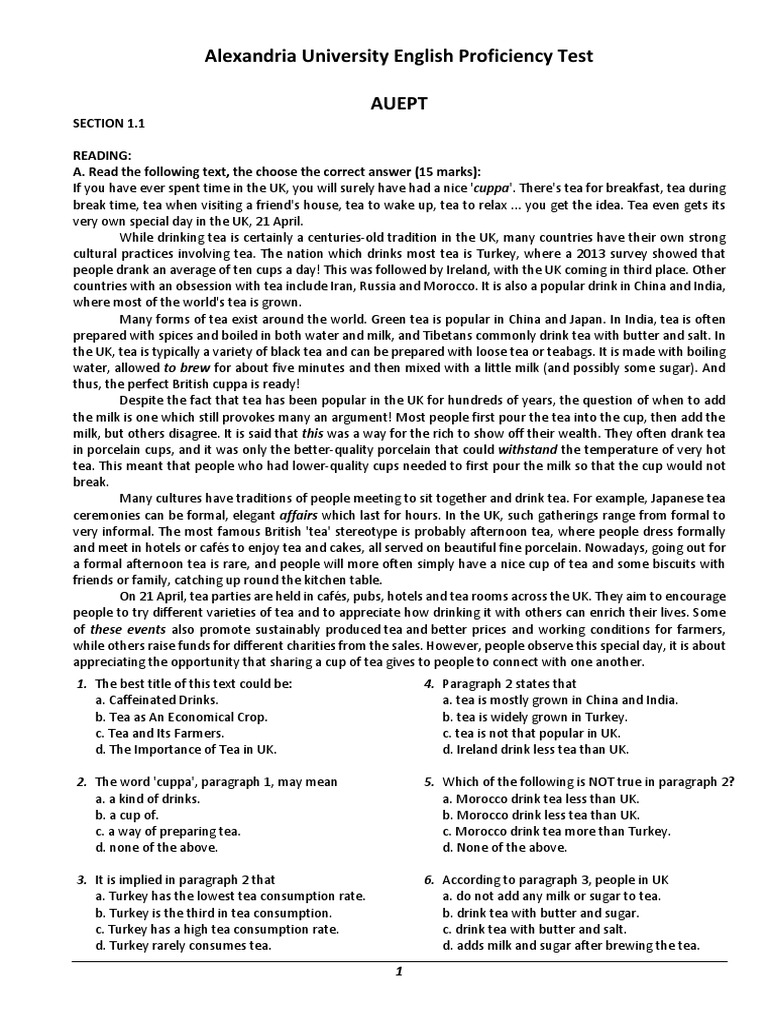 AUEPT Sample Test 2 PDF | PDF | Ramadan | Tea